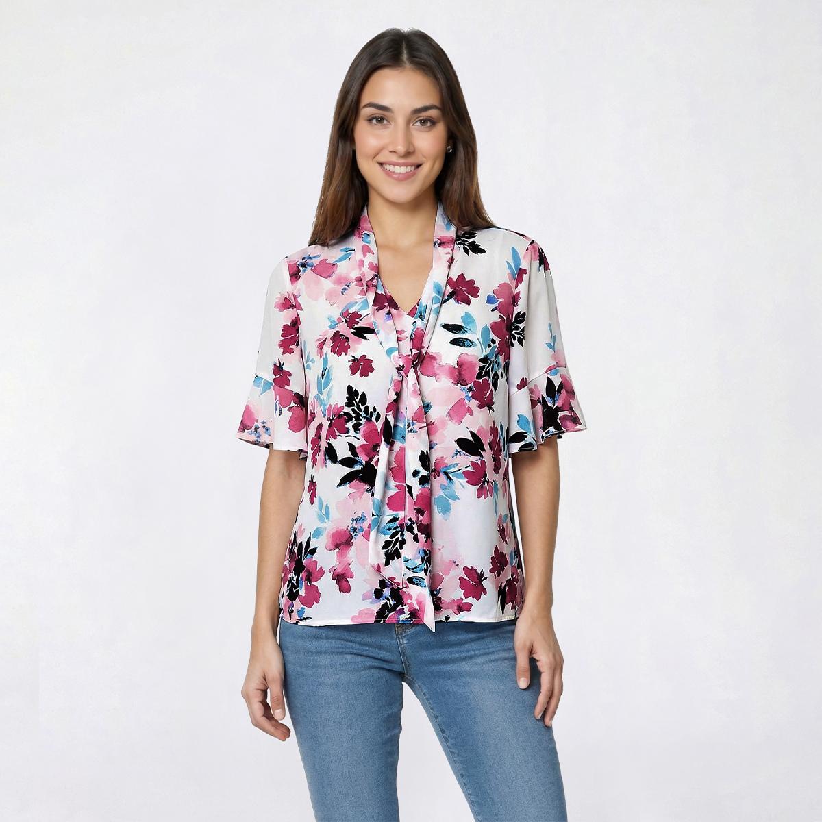 Click here for Womens Kasper Short Flutter Sleeve Tie Neck Place... prices